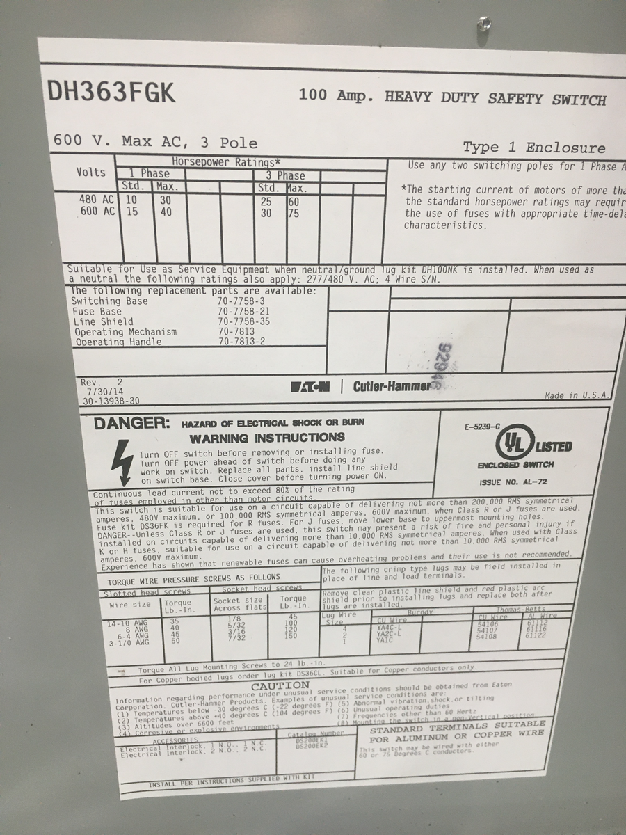 Eaton H.D. Safety Switch-#DH363FGK -Used – Diversified Systems Inc.